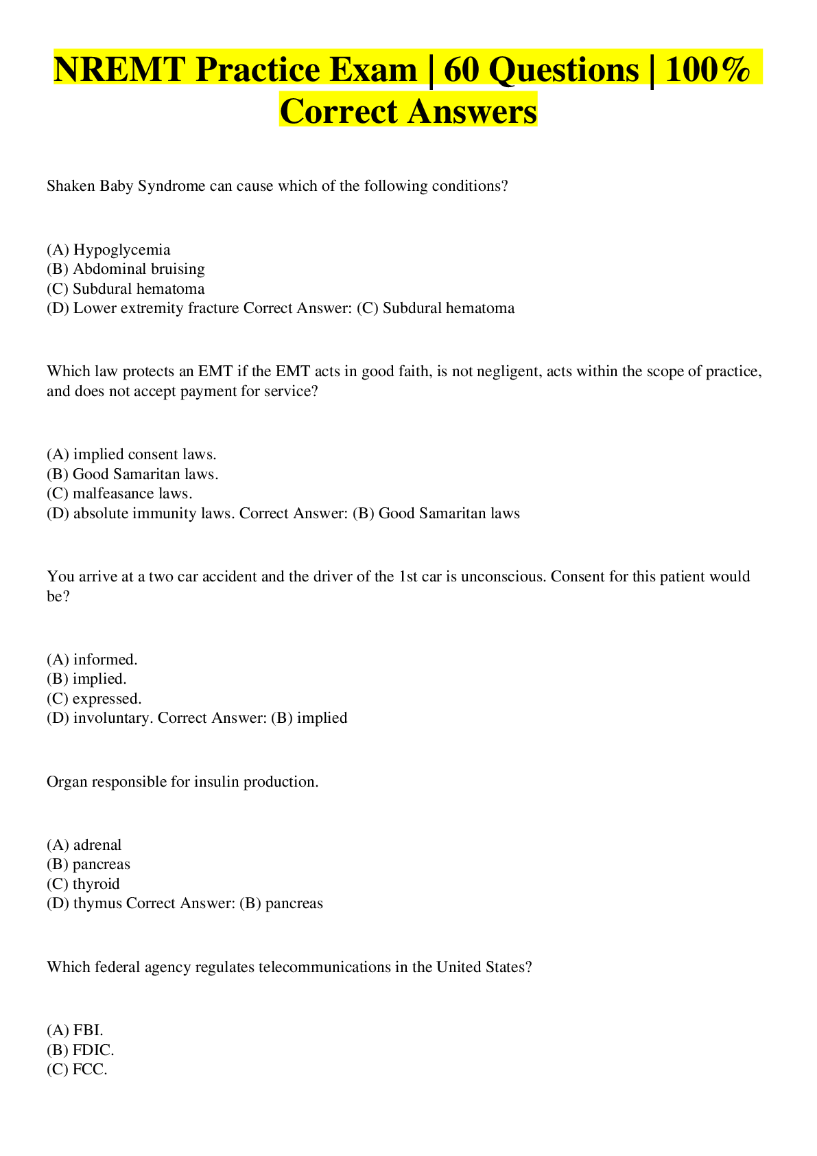 NREMT Practice Exam | 60 Questions | 100% Correct Answers - Scholarfriends